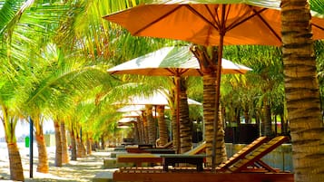 Perto da praia, espreguiçadeiras, guarda-sóis