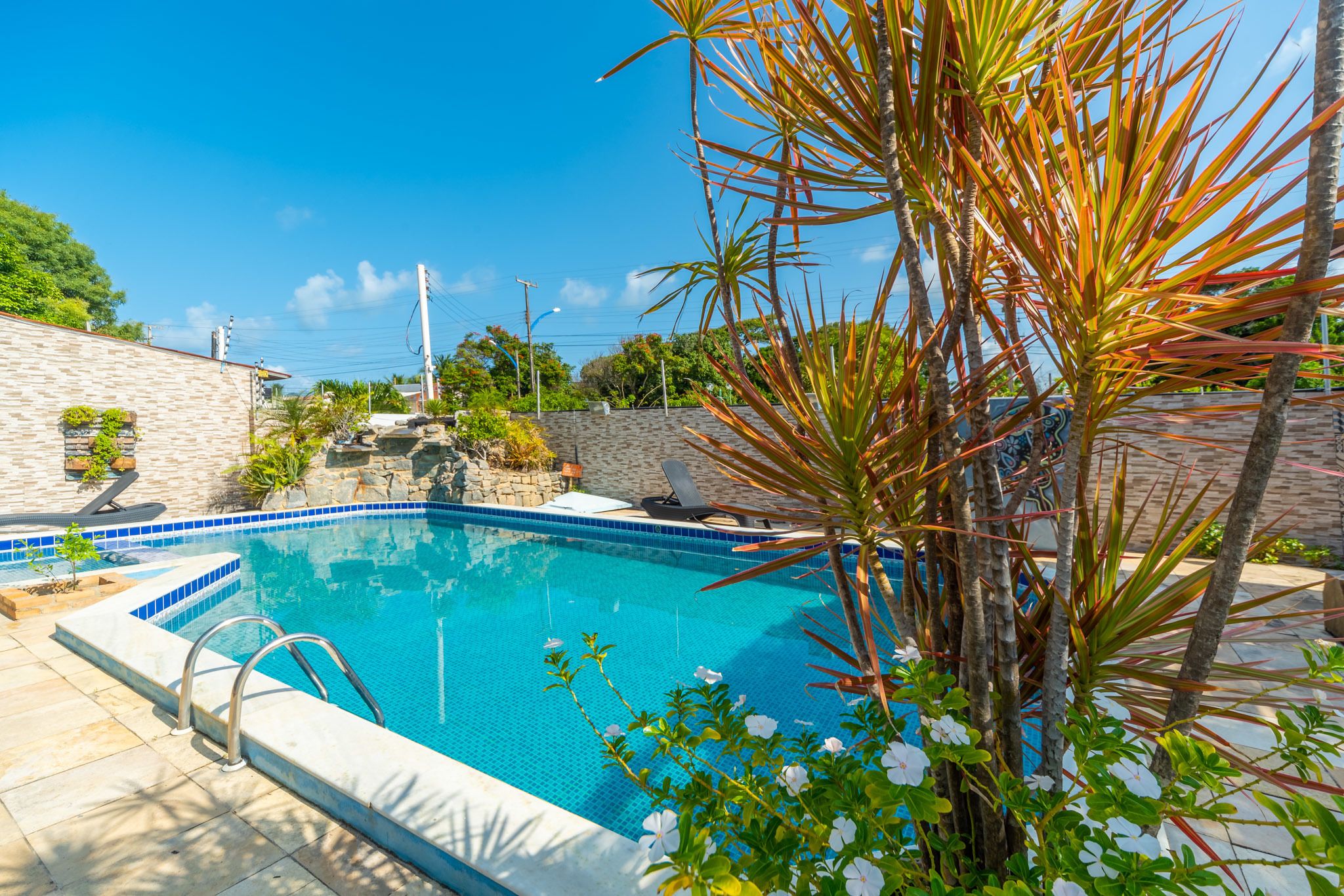 Piscina com muro de pedra e plantas ao redor.