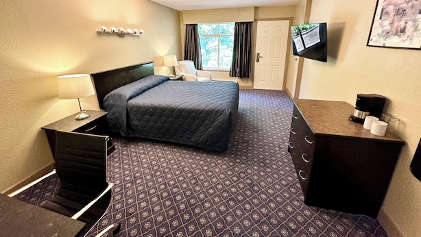 Quarto de hotel com cama, escrivaninha com cafeteira, televisão e janela com cortinas.