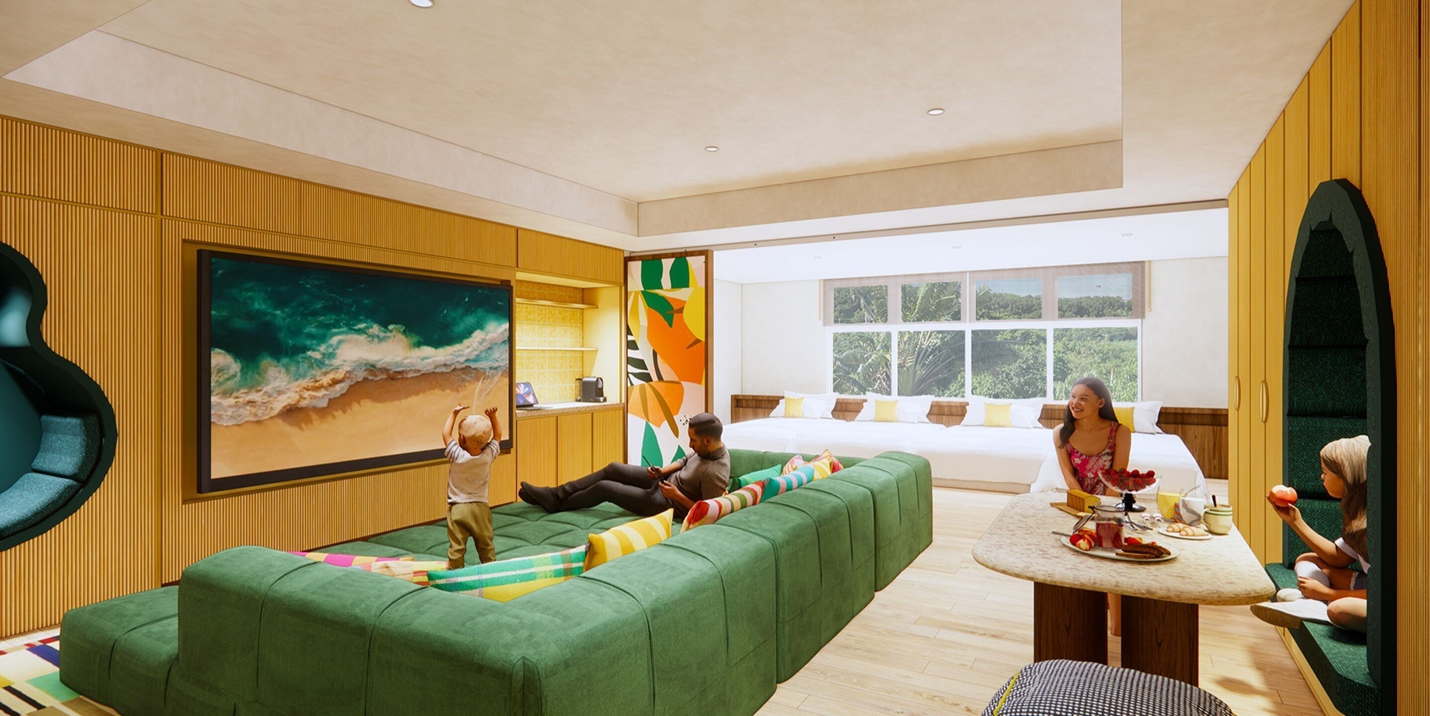 Quarto quádruplo família | Frigobar, cofres nos quartos, individualmente mobiliados, escrivaninha