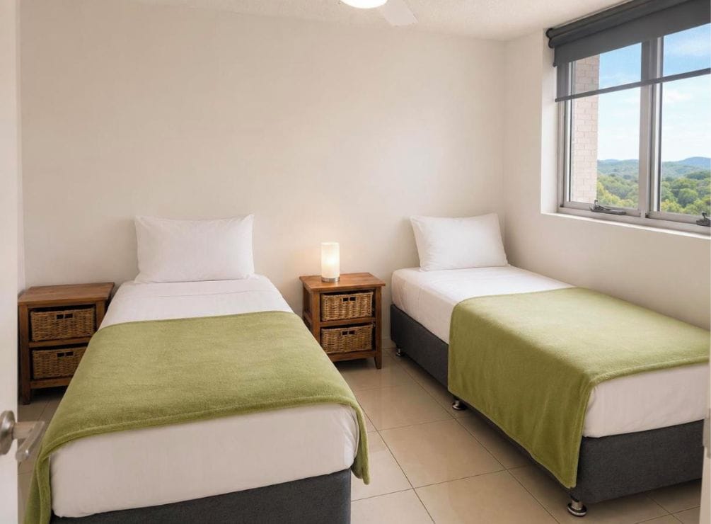 Quarto com duas camas, cada uma com um cobertor verde, uma mesa de cabeceira com abajur e uma janela com vista.