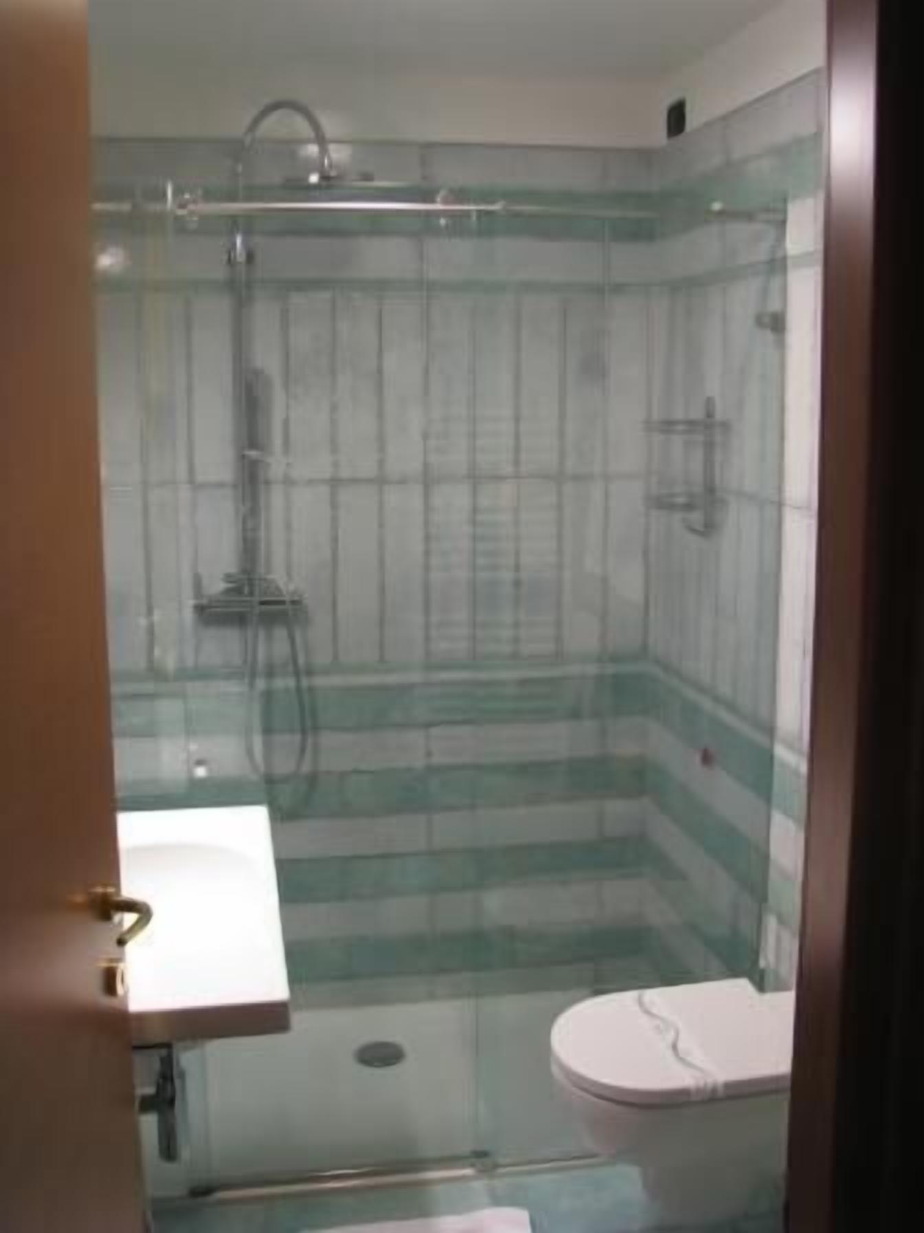 Casa de banho com cabine de chuveiro de vidro, sanita e lavatório.