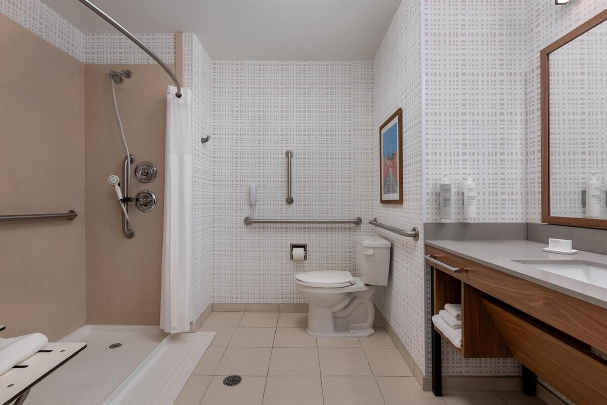 Uma casa de banho moderna com chuveiro, sanita e lavatório, equipada com barras de apoio e um corrimão.