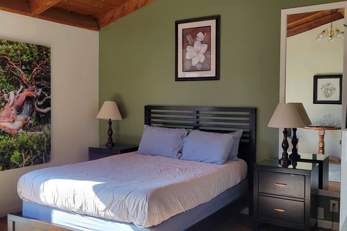 Quarto com cama, duas mesas de cabeceira, uma mesinha de apoio, teto de madeira, parede verde e um quadro emoldurado.