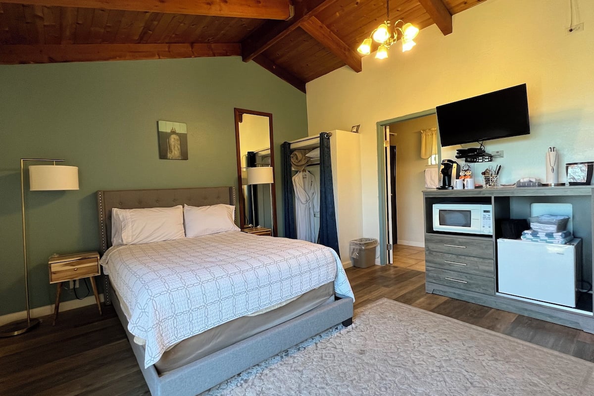 Um quarto com cama, mesas de cabeceira, guarda-roupa, televisão e micro-ondas.