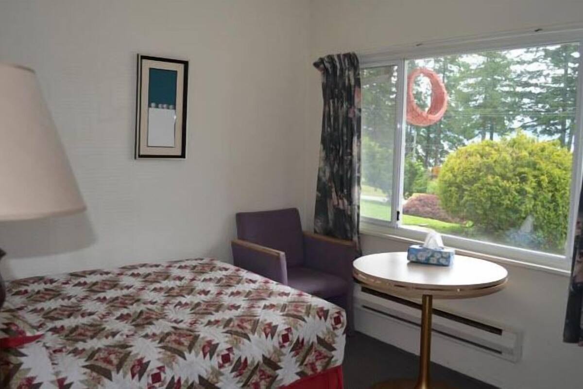 Quarto de hotel com cama, cadeira, mesa redonda com caixa de lenços, janela com cortina e quadro na parede.