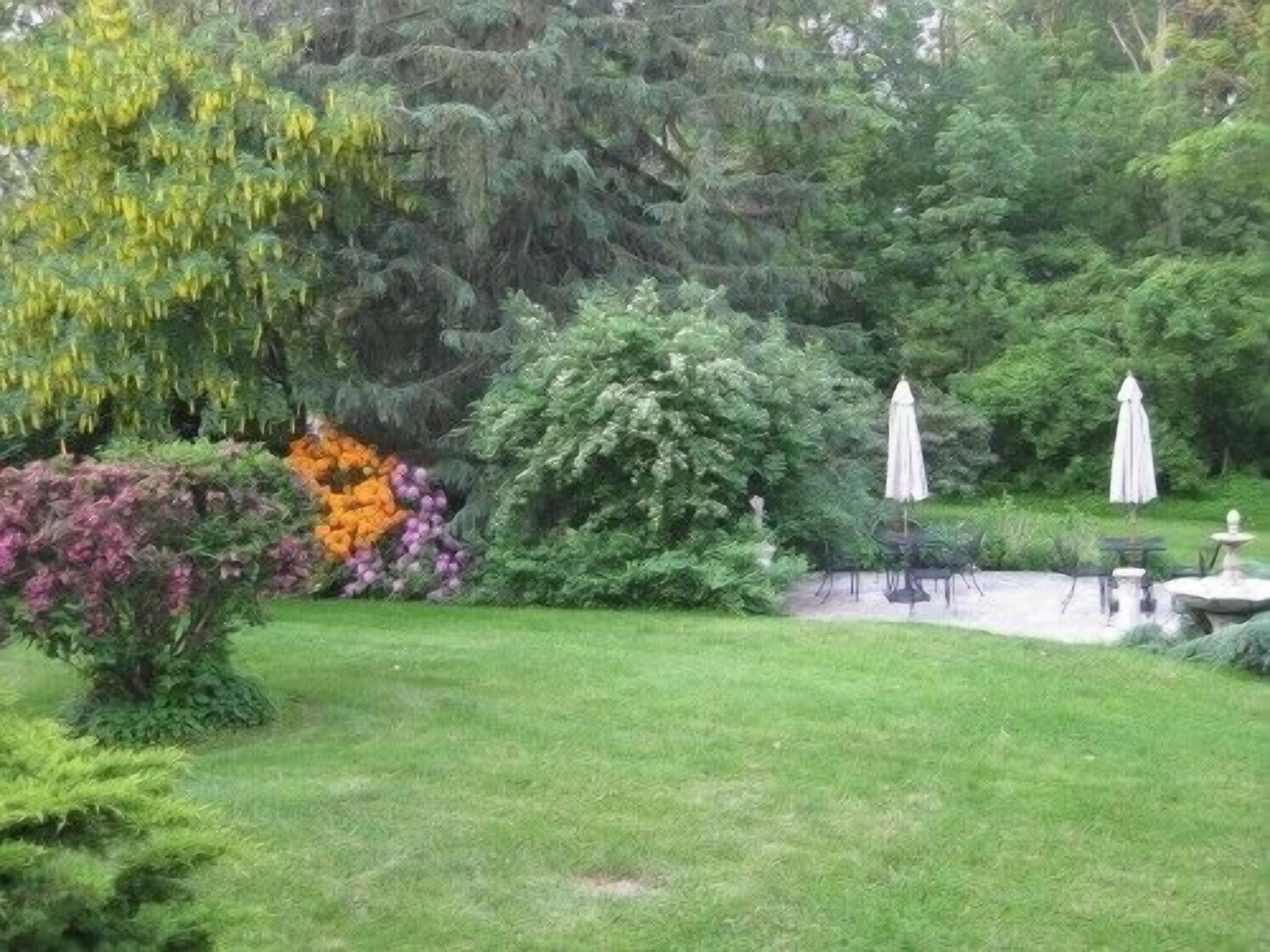 Um jardim bem cuidado, com diversas plantas e uma área de estar com guarda-sóis.