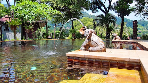Piscina com esculturas de elefantes e vista aberta para o verde ao redor.