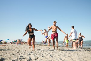 Uma praia privada, espreguiçadeiras, guarda-sóis de praia 