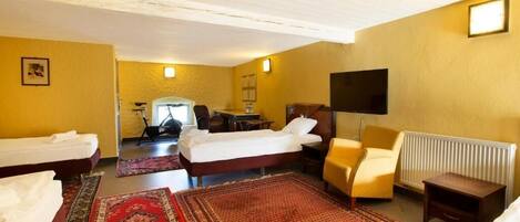 Quarto de hotel com duas camas individuais, um sofá, uma cadeira, uma televisão e um radiador.