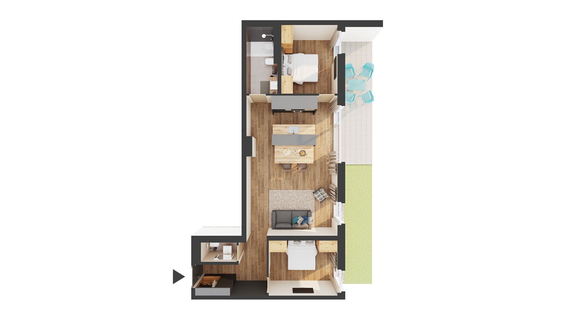 Planta de um apartamento de um quarto, com cozinha compacta, sala de estar com sofá e mesa de centro, área de jantar com mesa e cadeiras, e banheiro.