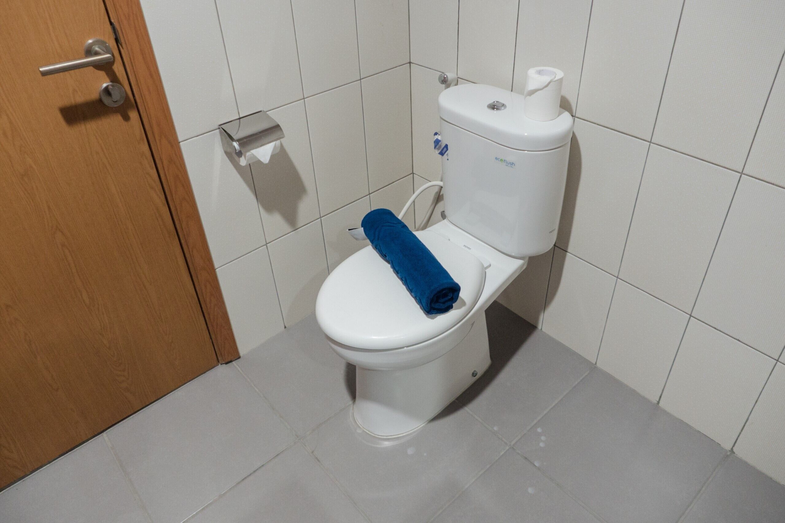 Sanita branca com uma toalha azul no assento, um suporte para papel higiénico e uma porta de madeira.