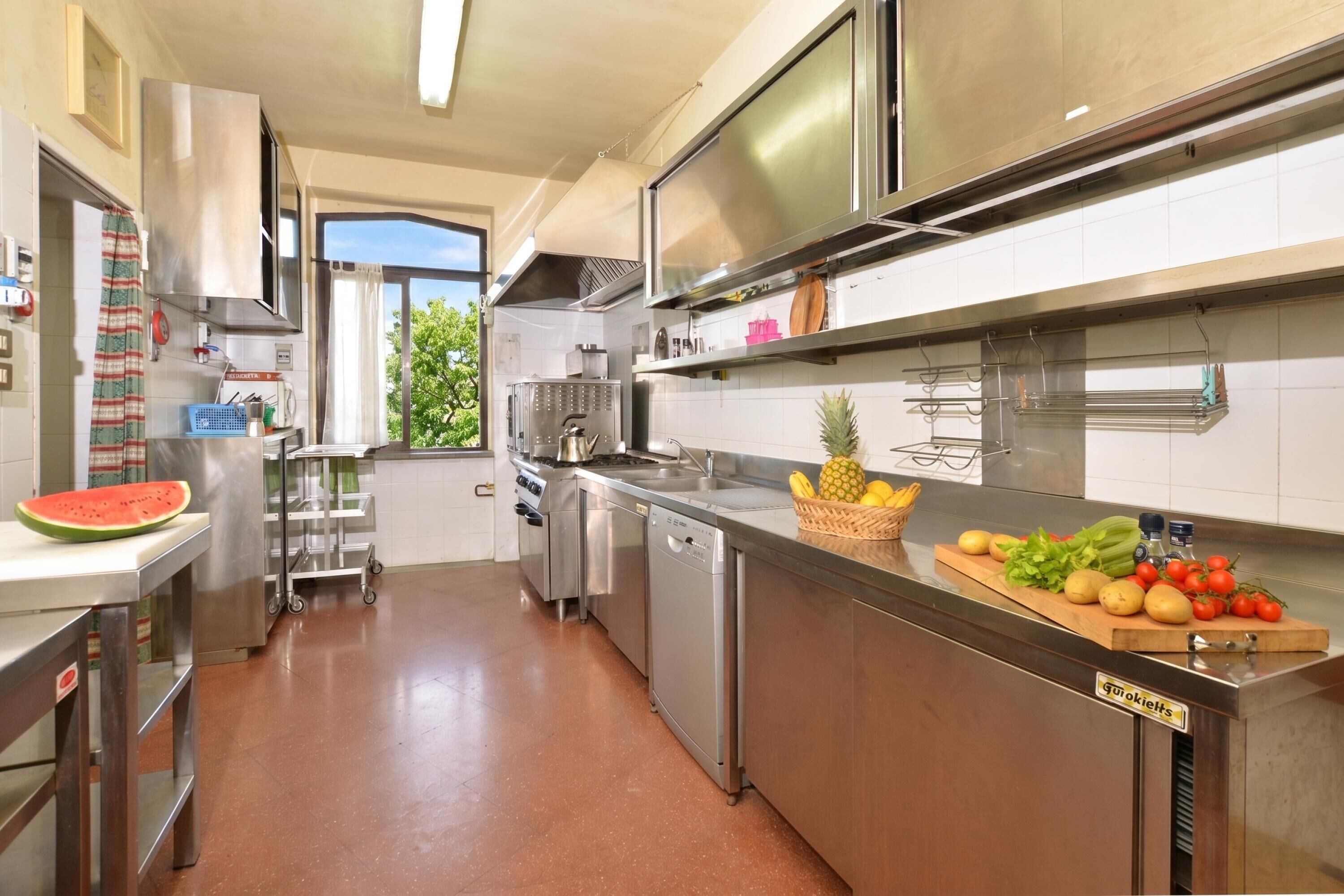 Cozinha moderna com eletrodomésticos de aço inoxidável, uma janela grande e vista para o verde lá fora.