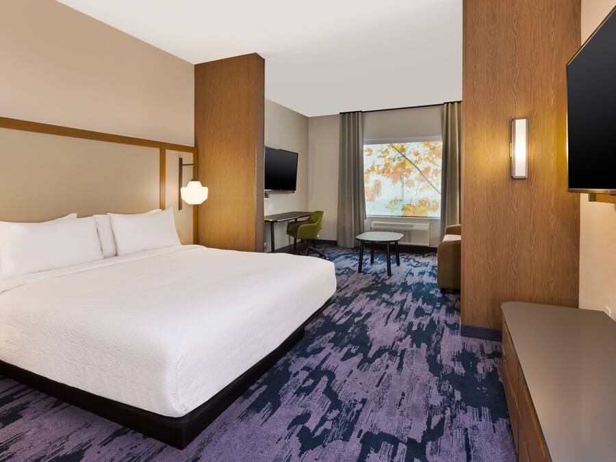 Quarto de hotel com uma cama grande, uma escrivaninha, uma cadeira, uma televisão e janela com vista para árvores.
