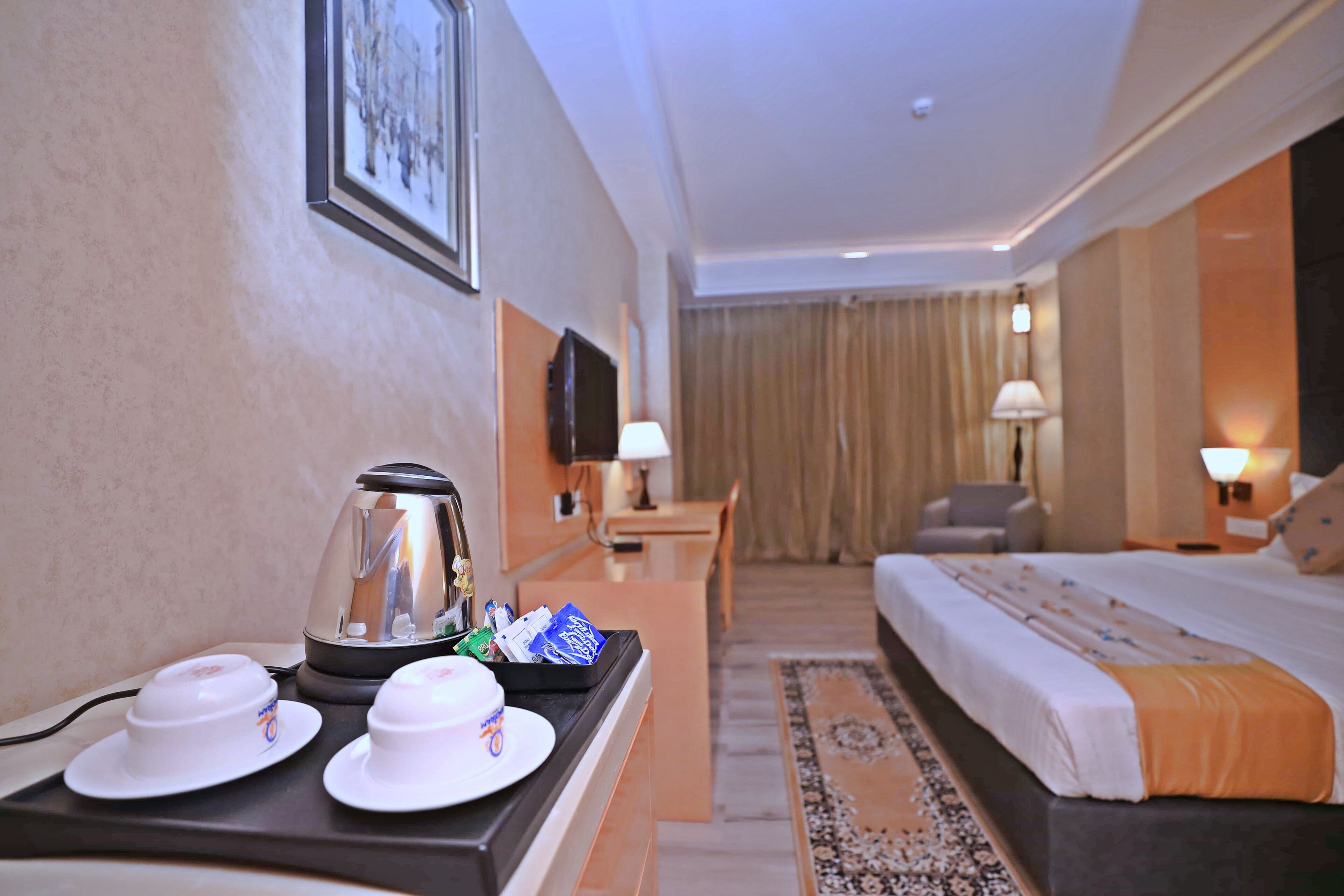 Quarto de hotel com cama, secretária com chaleira, televisão e quadro pendurado na parede.