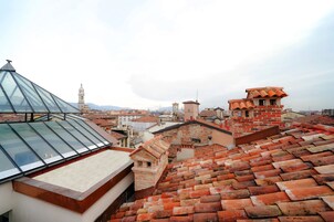Terraço com telhas de barro, claraboia de vidro e chaminé de tijolos.