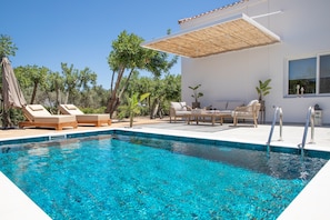 Piscina com espreguiçadeiras e área de terraço.