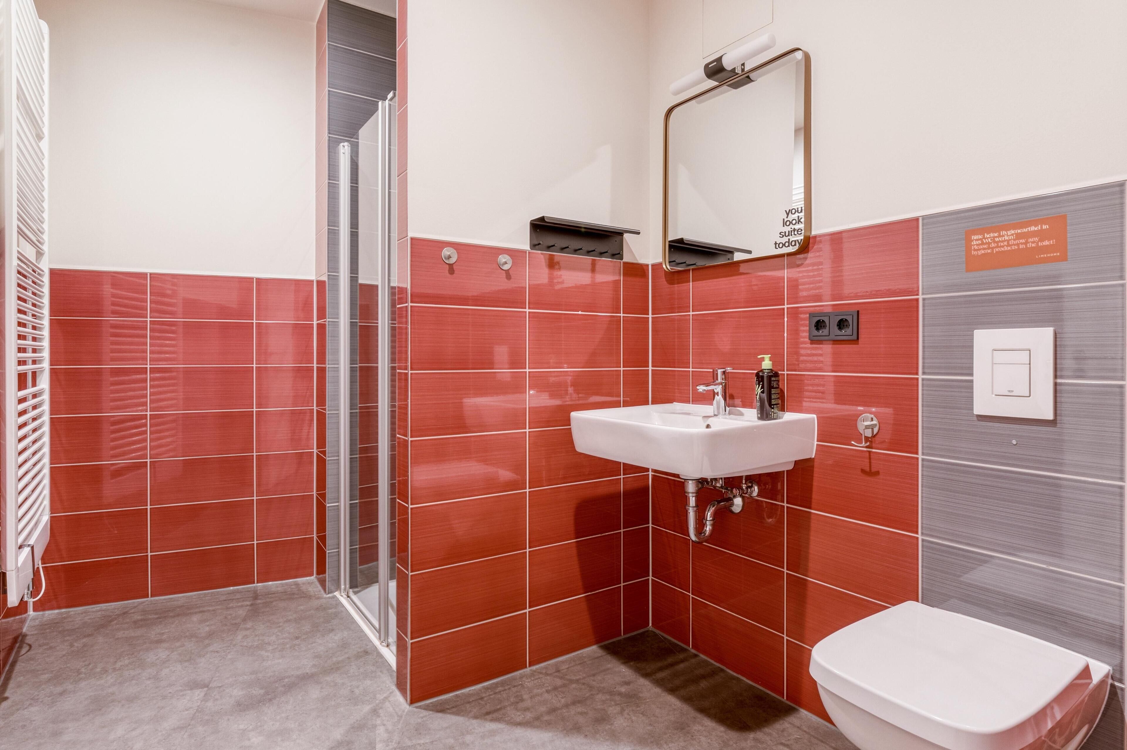 Uma casa de banho com azulejos vermelhos e cinzentos, uma pia branca, um espelho e uma sanita.