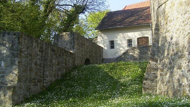 Um edifício de pedra com telhado inclinado, cercado por um muro de pedra e uma área gramada com flores brancas.