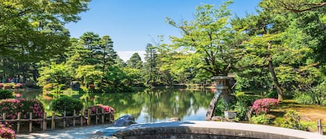Um jardim tranquilo com lago, ponte de pedra e diversas plantas.