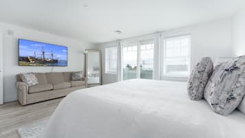 Apartamento Premium em Condomínio Fechado, 1 quarto, varanda, vista para o oceano | 1 quarto, roupa de alta qualidade, edredões de penas
