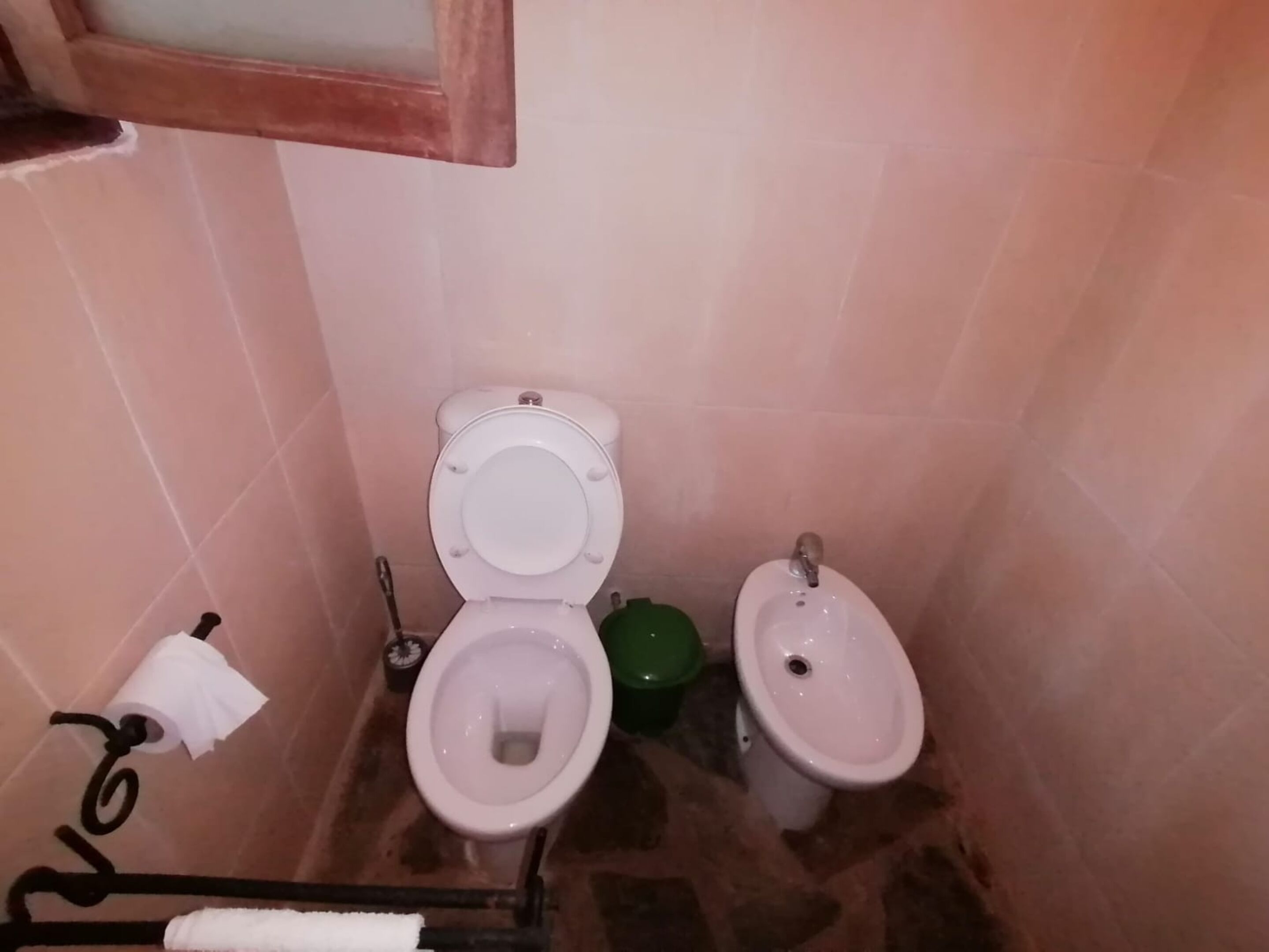 Uma casa de banho pequena com sanita, bidé e porta-toalhas.