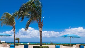 Área de piscina com espreguiçadeiras e guarda-sóis, palmeiras e um céu azul claro.