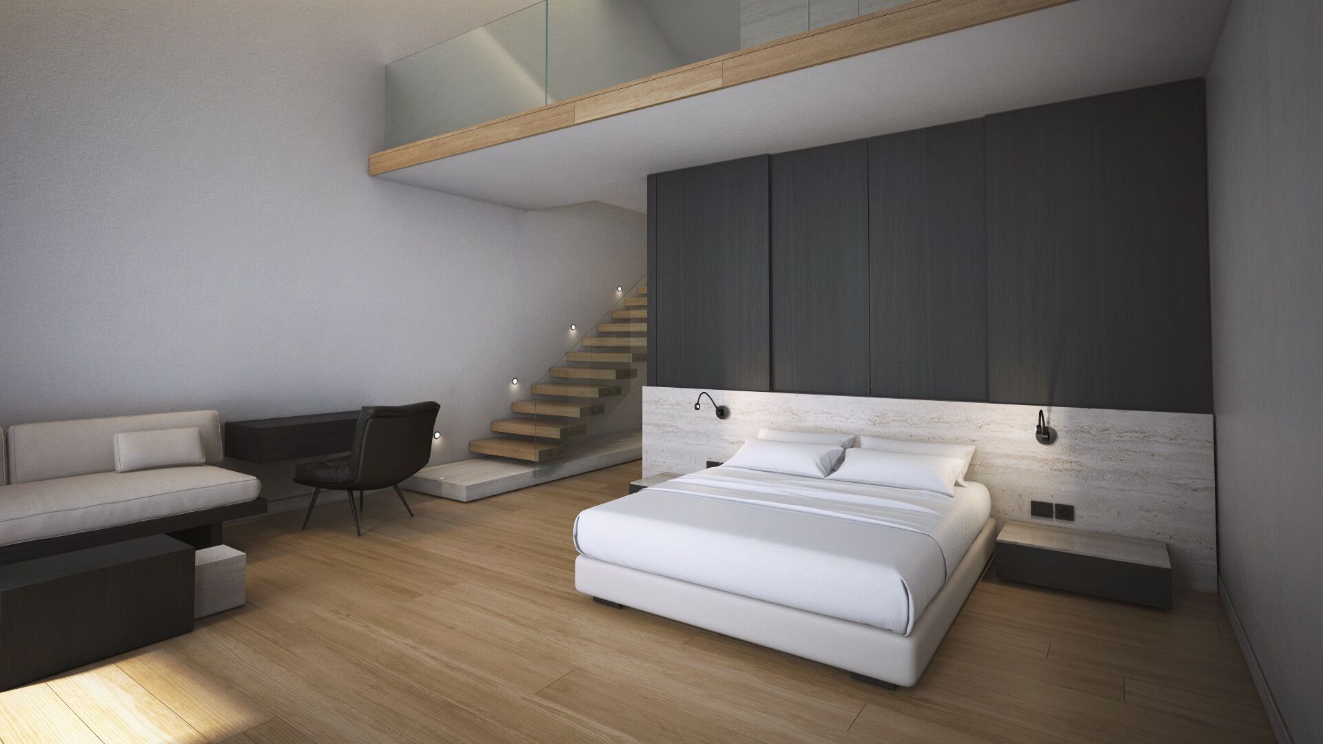 Quarto moderno com uma cama grande, um sofá, uma poltrona e uma escada.