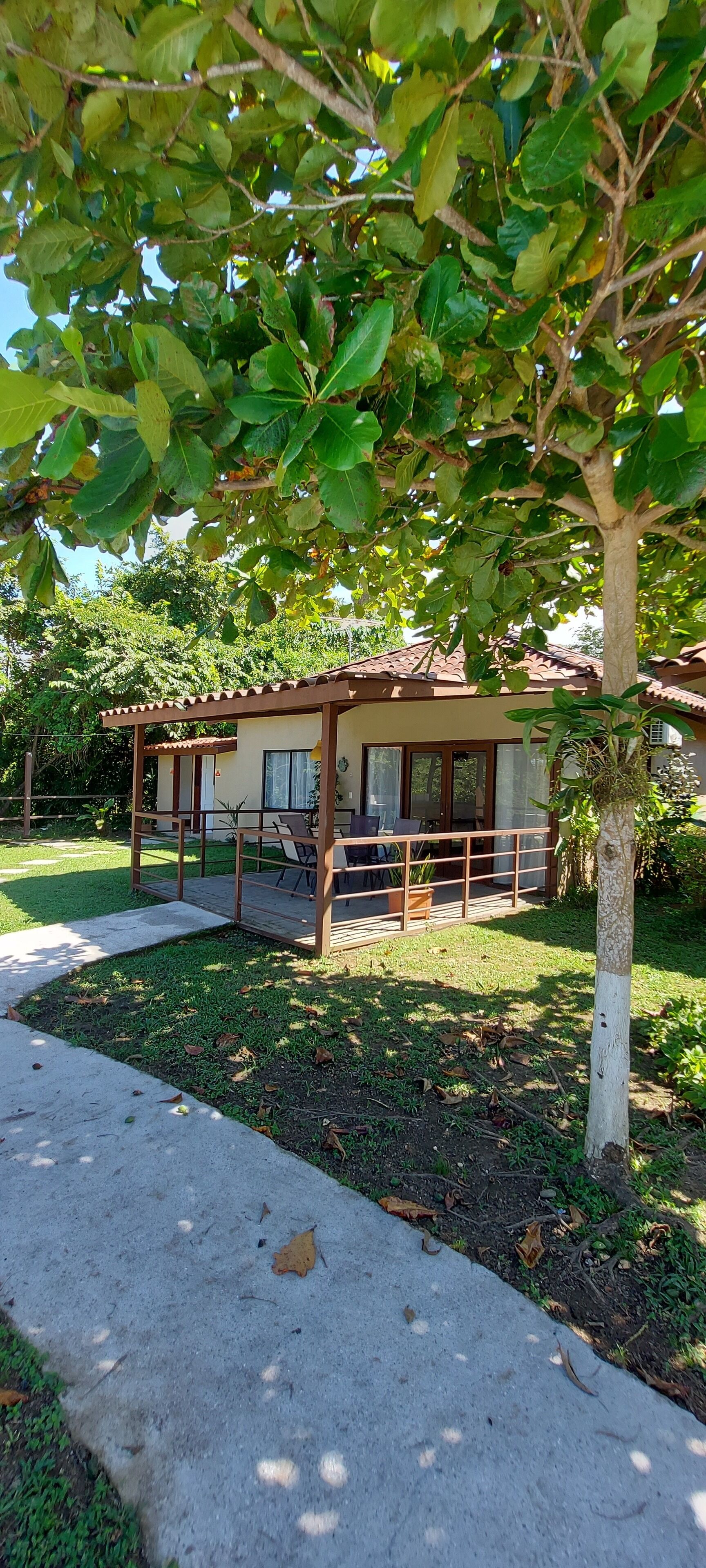 Uma área de estar ao ar livre coberta, com mesa e cadeiras, rodeada por vegetação e um edifício com telhado de telhas.