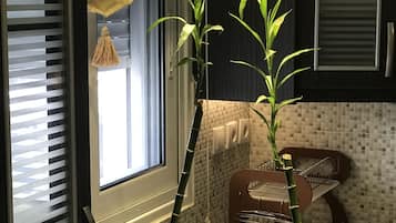 Apartamento luxo, 1 quarto | Cozinha privada | Geladeira grande, micro-ondas, fogão, cafeteira/chaleira