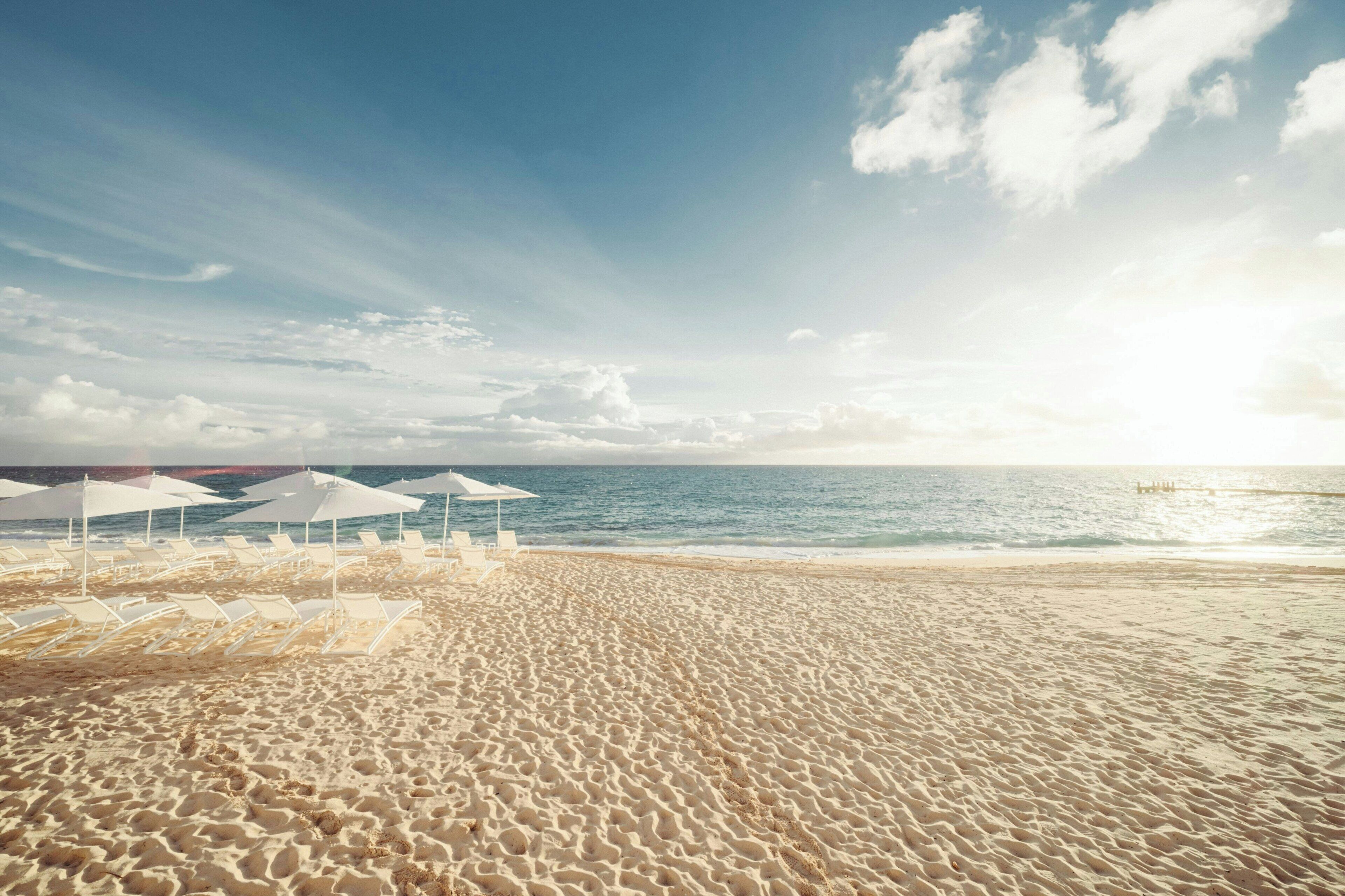 Uma praia com guarda-sóis brancos e espreguiçadeiras.