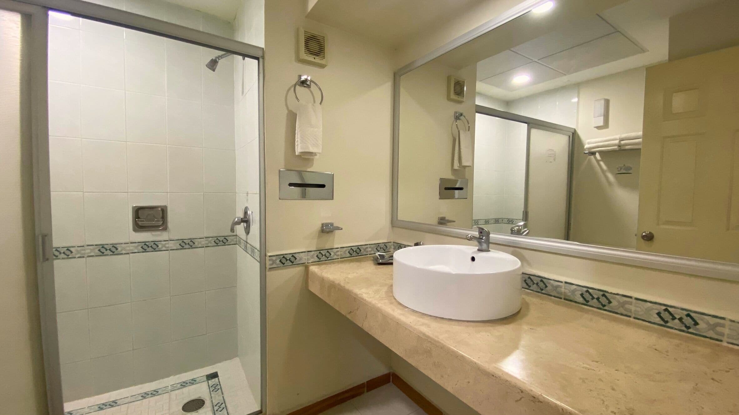 Uma casa de banho com cabine de duche em vidro, lavatório branco, espelho grande e suporte para toalhas.