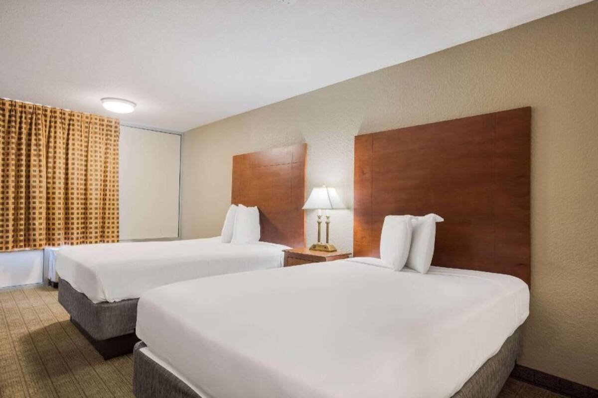 Quarto de hotel com duas camas, cabeceira de madeira, luminária e cortina estampada.