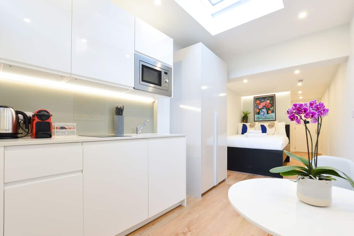 Lower Ground Floor Studio | Cozinha privada | Minifrigorífico, um micro-ondas, uma placa de cozinha