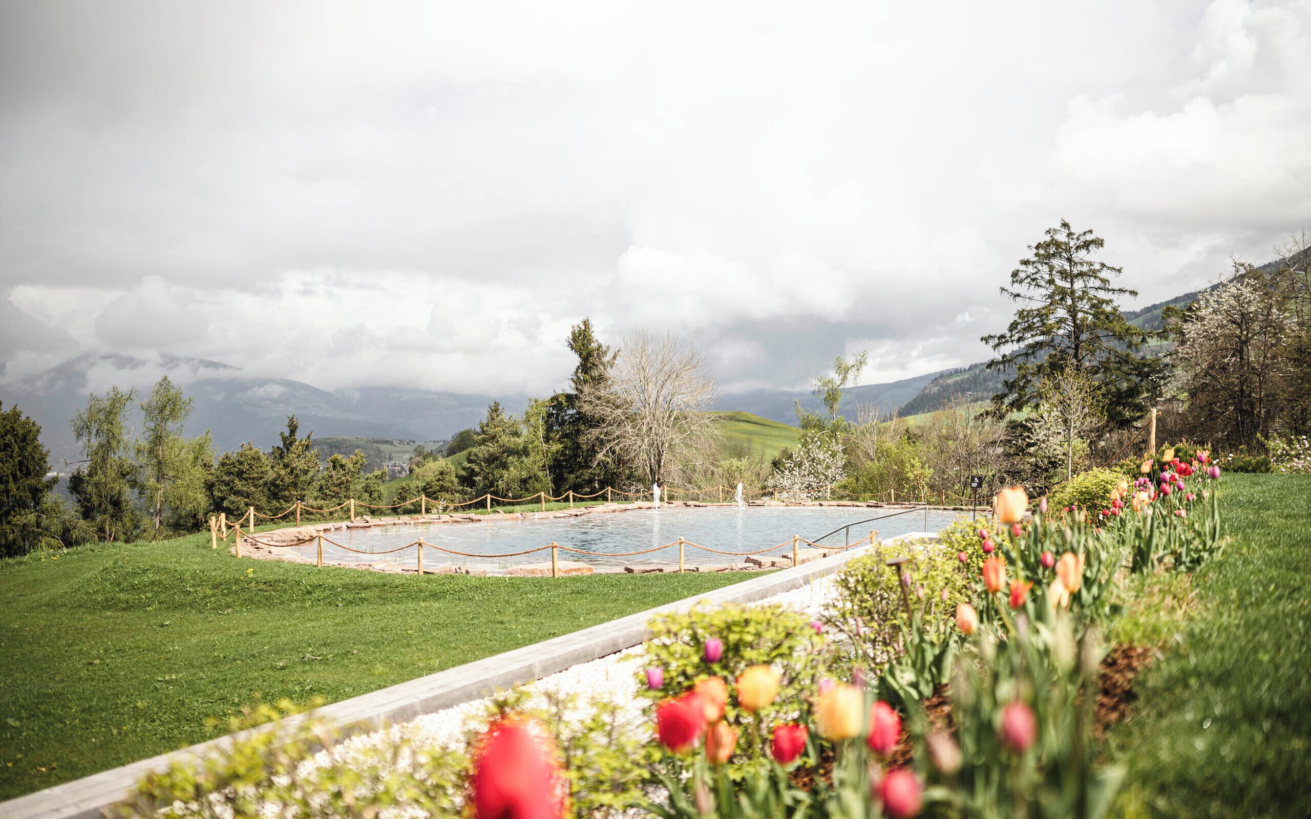 Uma área de piscina ao ar livre tranquila, com deck de madeira e barreira de corda, rodeada por vegetação exuberante e plantas floridas.