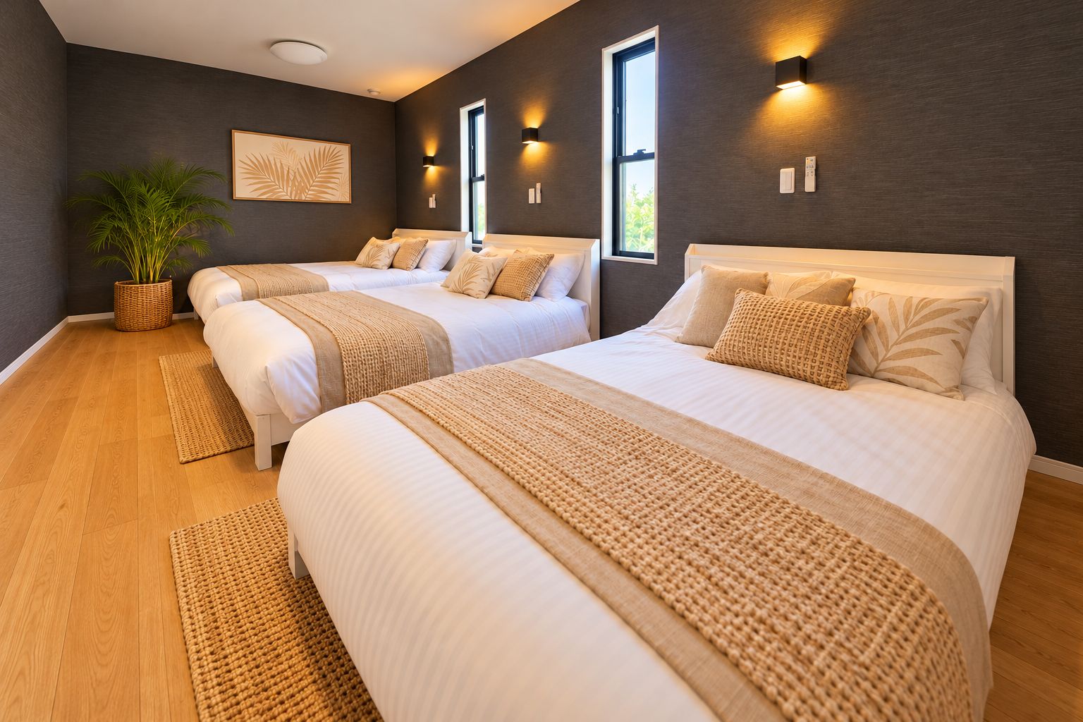 Quarto de hotel com duas camas, uma janela ampla e um vaso de planta.