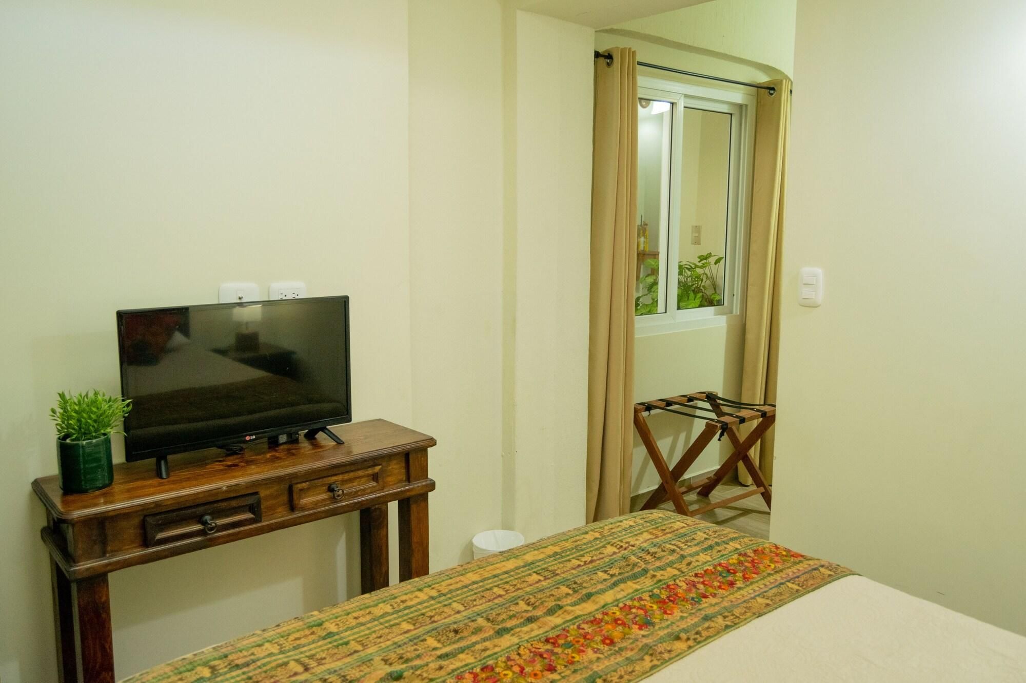 Quarto com cama, televisão sobre suporte de madeira, janela com cortinas e pequena mesa com planta.