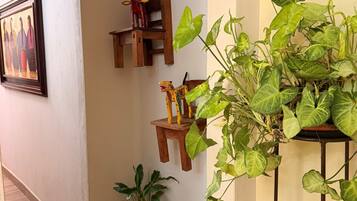 Um corredor com uma cadeira de madeira, uma mesinha e um vaso de planta.