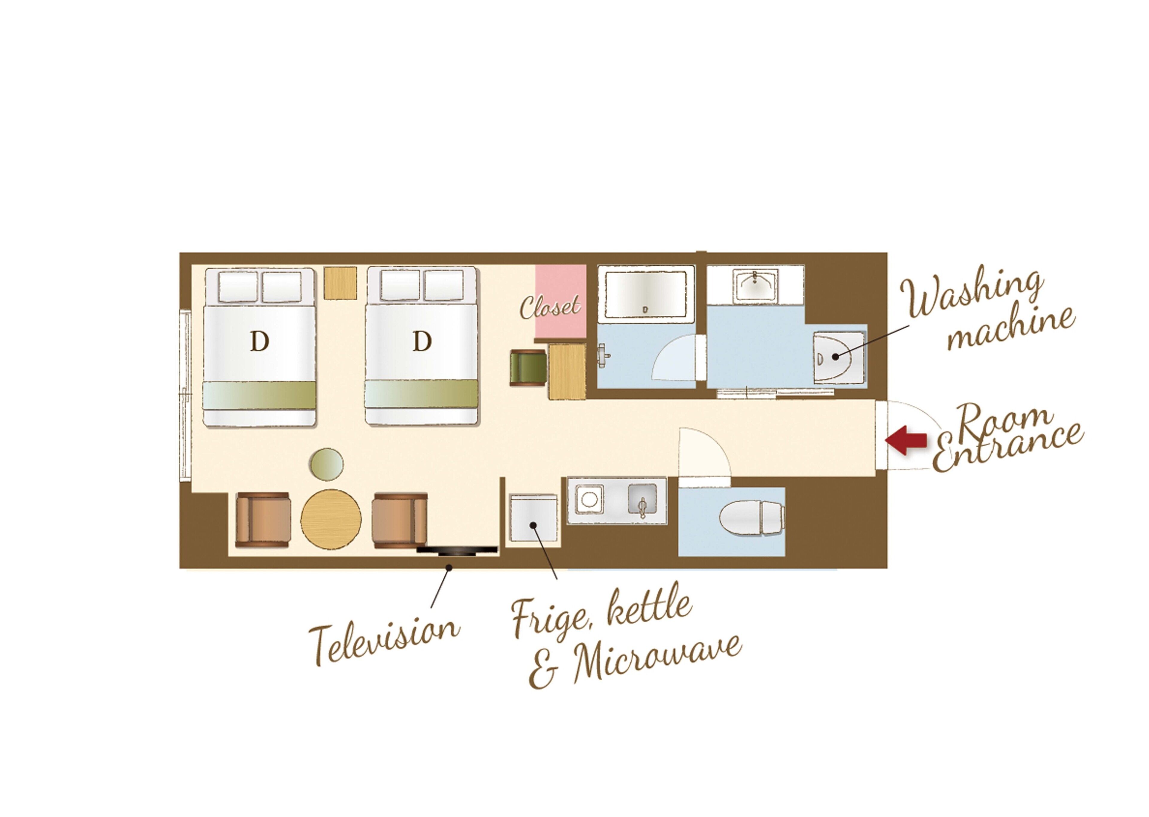 Planta de quarto de hotel com duas camas, um guarda-roupa, máquina de lavar, entrada do quarto, televisão e uma kitchenette com frigorífico, chaleira e micro-ondas.