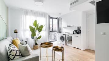 Apartamento, 1 cama de casal e sofá-cama | Cozinha privada | Um frigorífico, um micro-ondas, um forno, uma placa de cozinha
