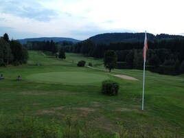 Um campo de golfe com uma bandeira, árvores e uma colina arborizada ao longe.