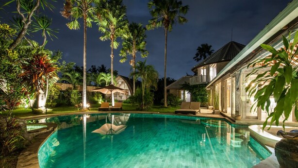 Piscina com borda curva, rodeada por palmeiras e área externa bem iluminada.
