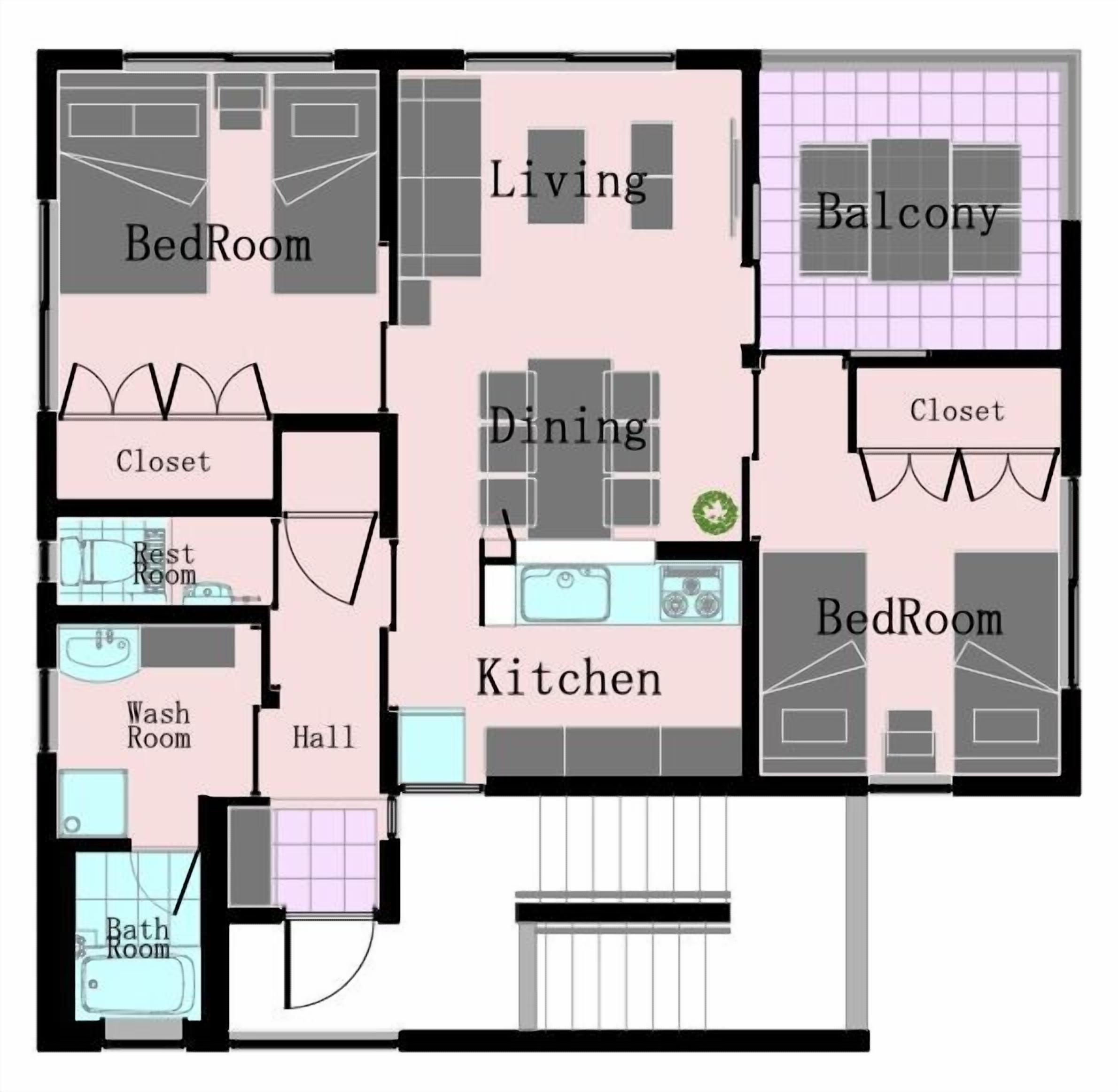 Planta baixa mostrando uma sala de estar, sala de jantar, cozinha, dois quartos, um banheiro, um armário, um corredor e uma varanda.