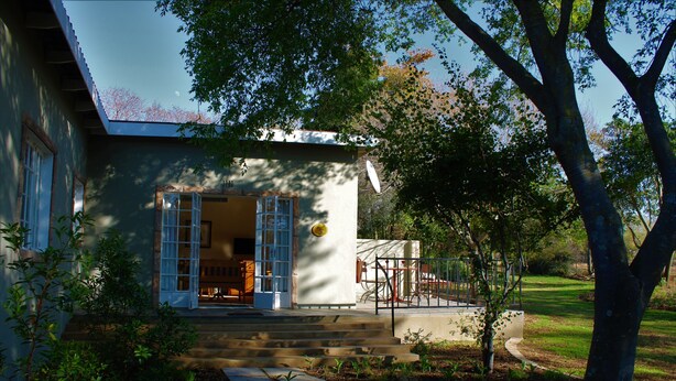 Uma casa com varanda frontal, degraus que levam à entrada e um pequeno jardim com uma árvore e arbustos.