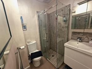 Apartamento | Banheiro | Chuveiro, secador de cabelo, toalhas de banho 