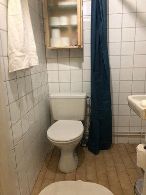 Apartamento, 3 camas individuais | Casa de banho | Um polibã, um secador de cabelo, toalhas fornecidas 