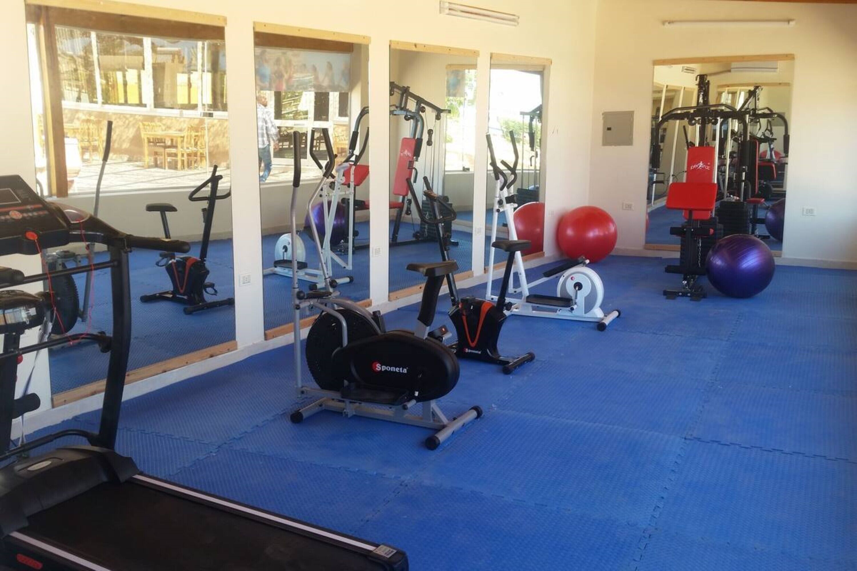 Uma academia com aparelhos de cardio, equipamentos de musculação e bolas de exercício.