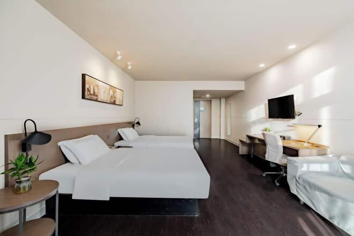 Quarto de hotel com duas camas, uma mesa, uma cadeira, televisão e uma planta.