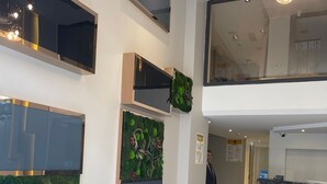 Um lobby moderno com uma mesa de recepção, um espelho grande e uma parede verde com plantas.
