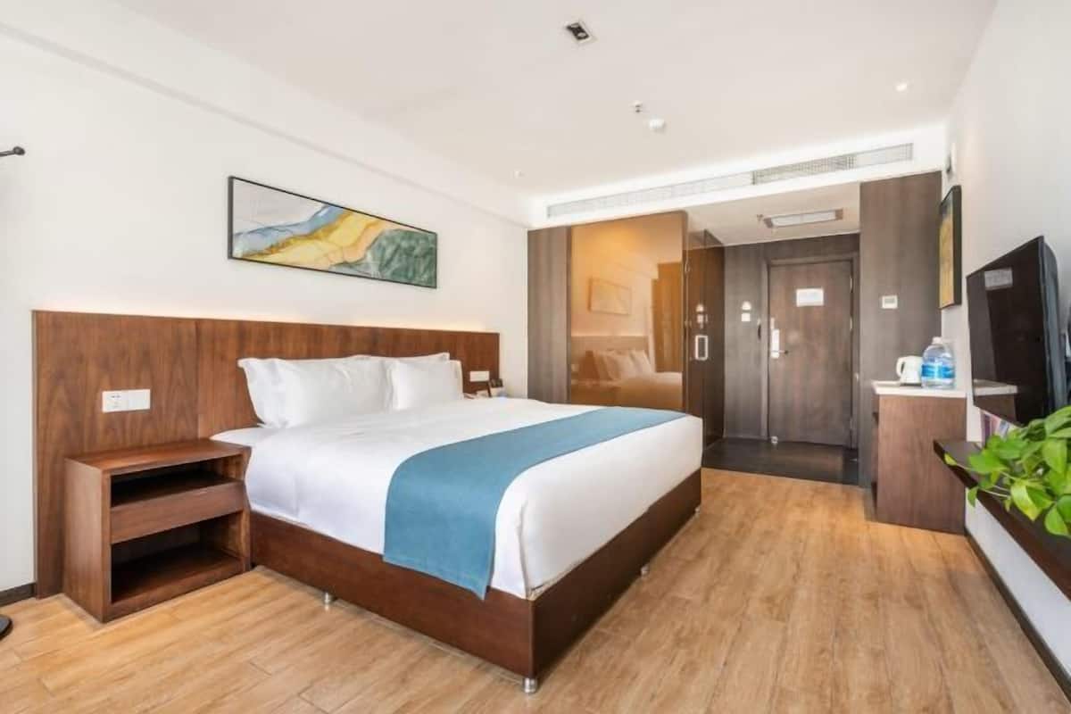 Quarto de hotel com cama grande, cabeceira de madeira, mesa de cabeceira, televisão e uma planta.
